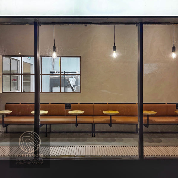 Custom Upholstered Bench with Integrated L-Arm Tables | yjinteriors